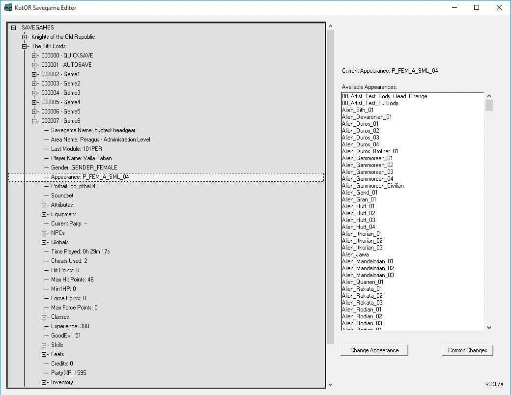 KotOR SaveGame Editor 3.3.7a - The Save Game Vault